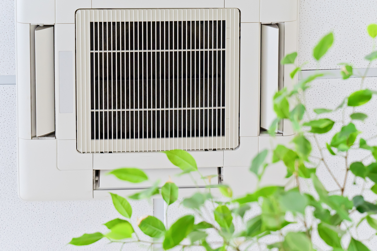Ceiling air conditioner in modern office or at home with green ficus ...